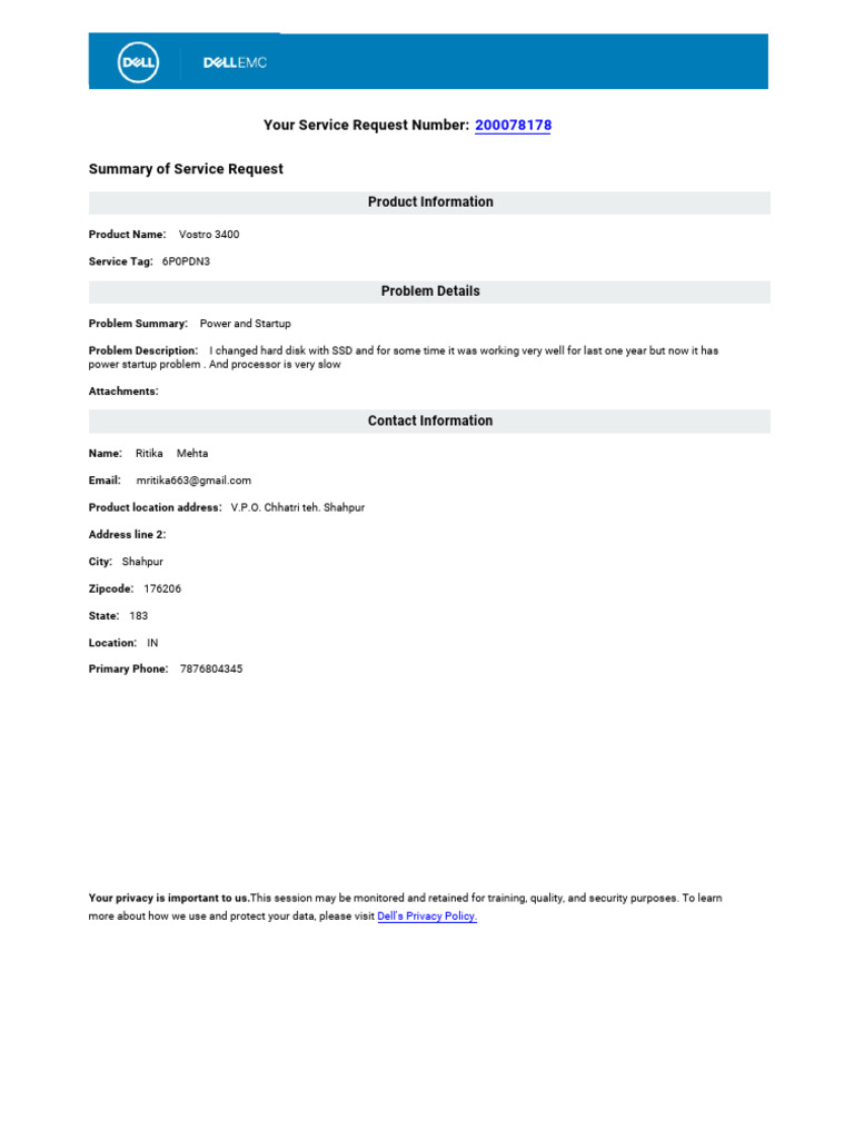 Summary of Service Request 200078178 29-10-2024 | PDF