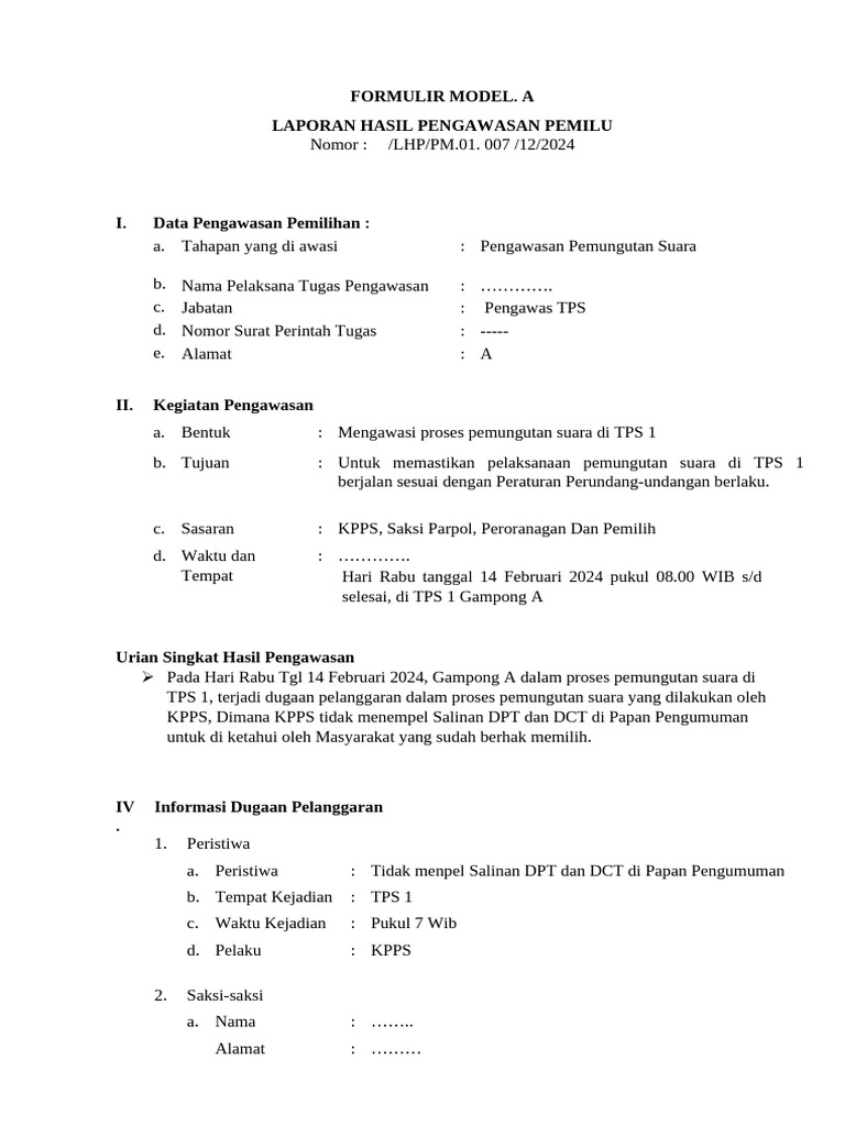 Form A Pengawasan DPTB Dan DPK Kecamatan Batee November SD Desember | PDF