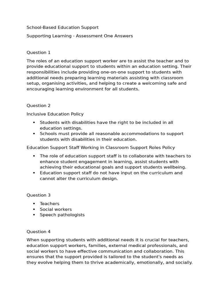 School Based Education Support - Supporting Learning Assessment One | PDF | Teachers | Reading ...