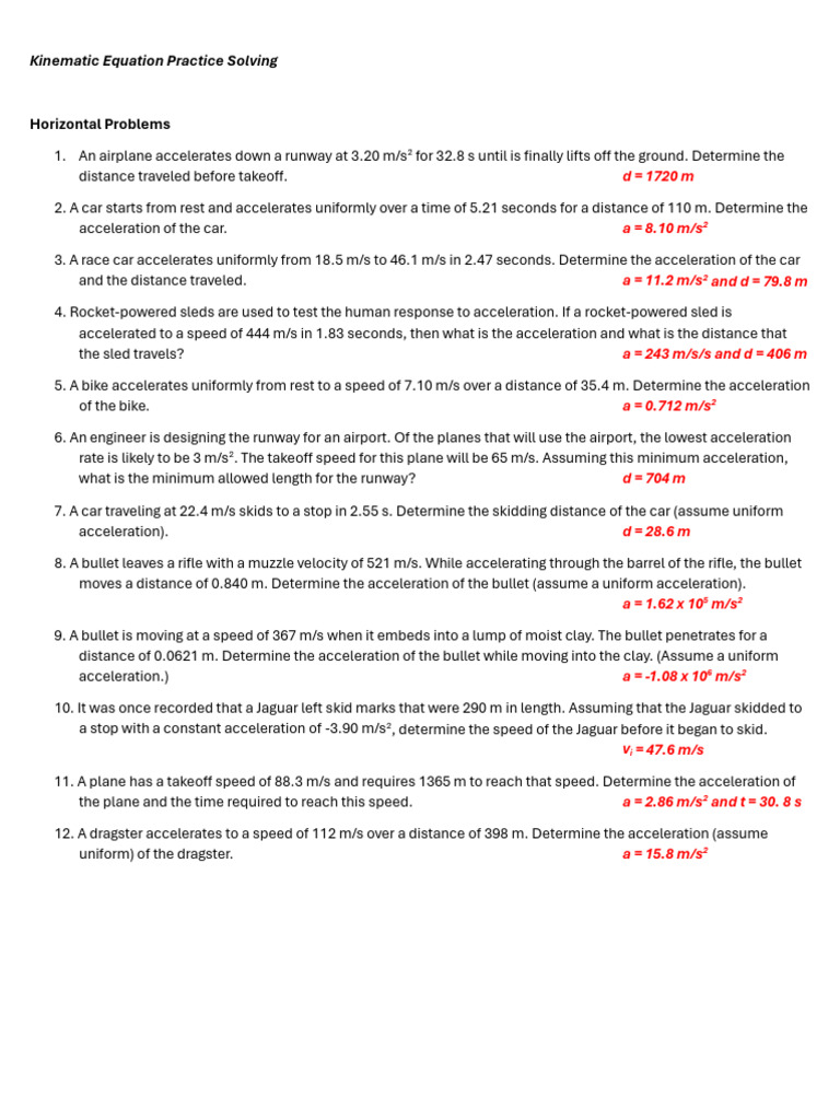 Kinematic Equation Practice Solving | PDF | Acceleration | Kinematics