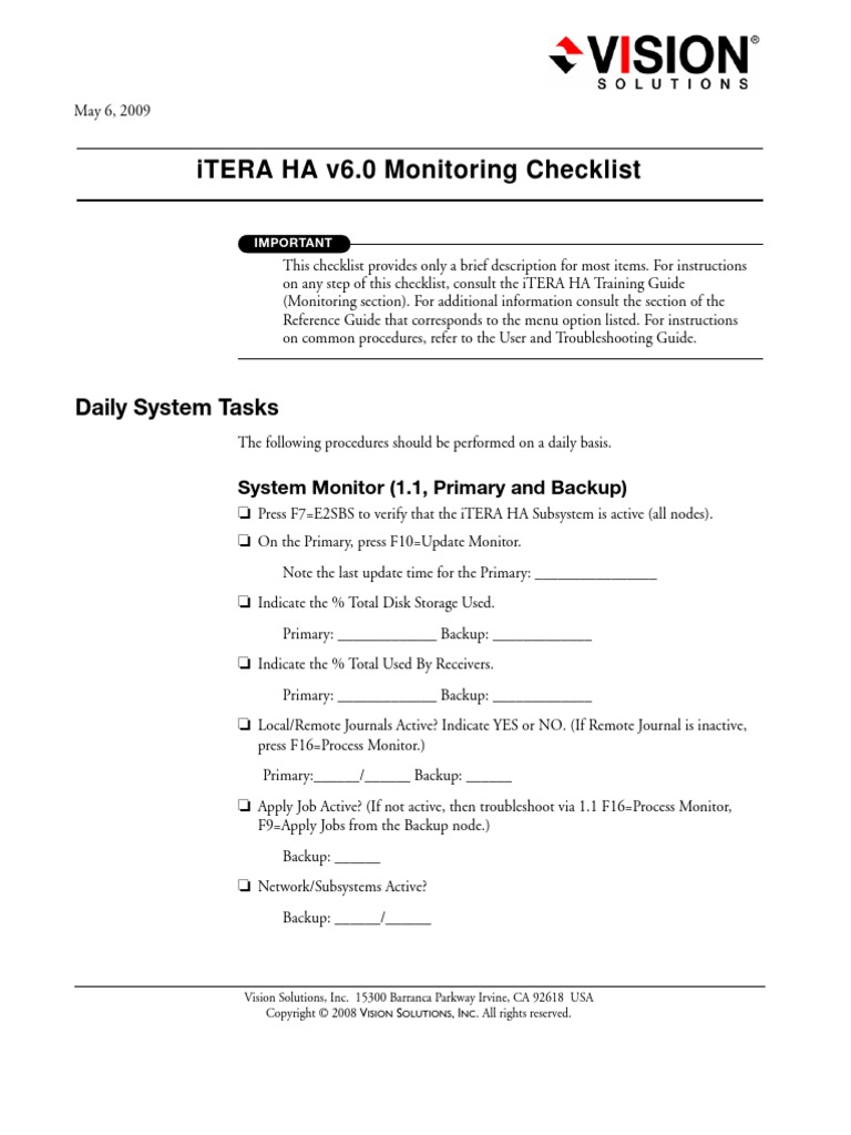 iTERA HA v6.0 Monitoring Checklist | PDF | Replication (Computing ...