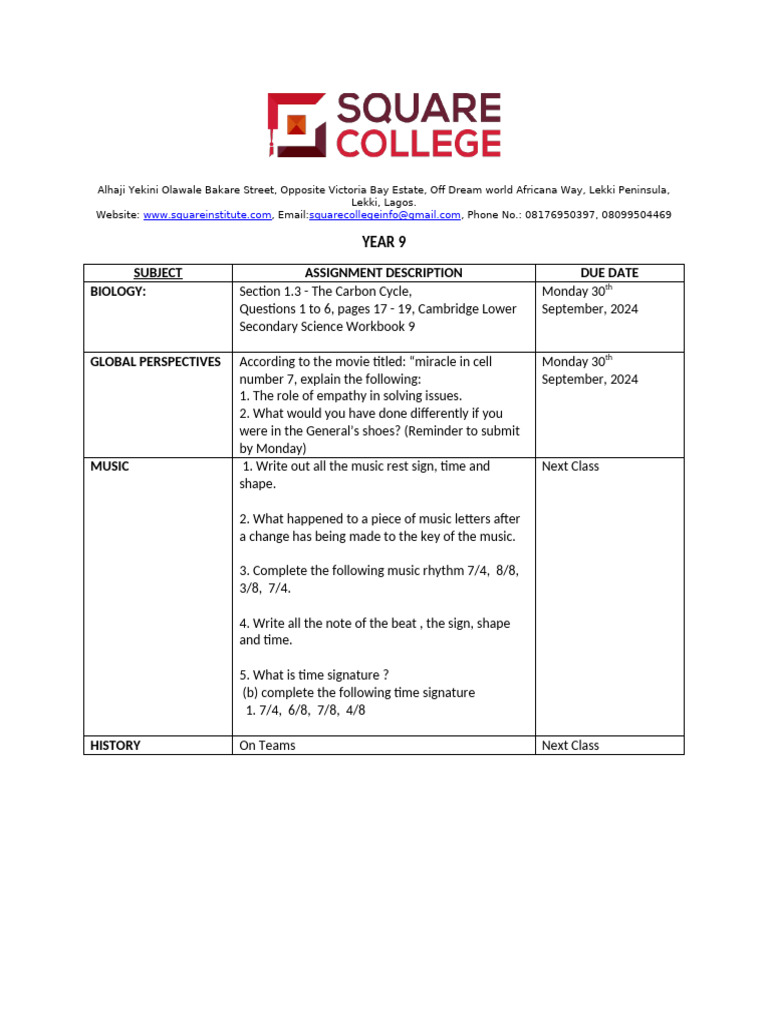 Year 9 Friday Assignment Sep - 27 - 2024 | PDF