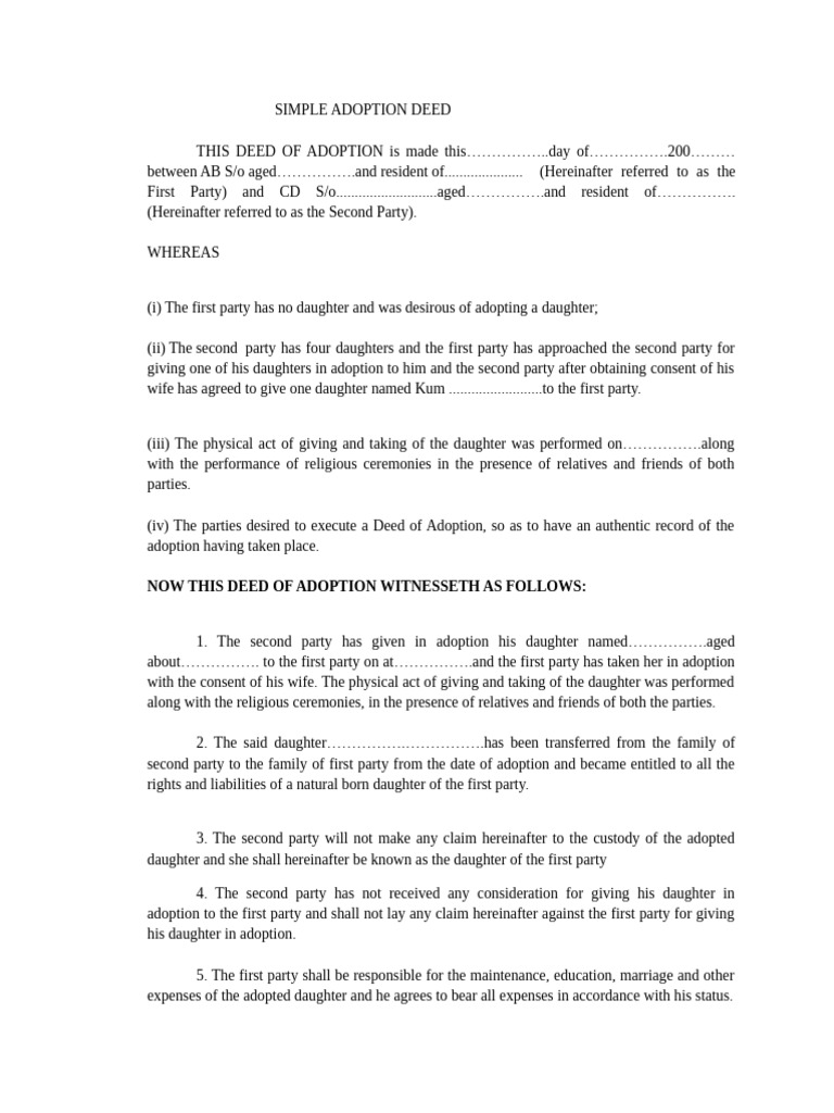 Simple Adoption Deed | PDF | Justice | Crime & Violence