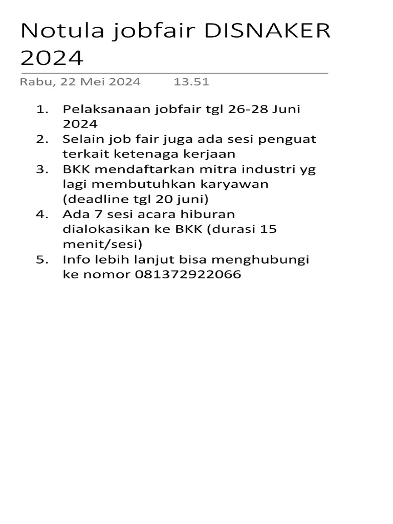 Notula Jobfair DISNAKER 2024 | PDF
