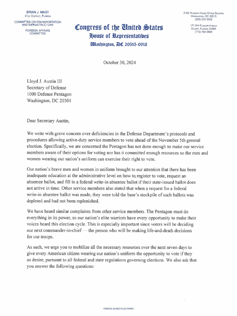 10.30.24 Letter To SECDEF Re Servicemember Voting | PDF