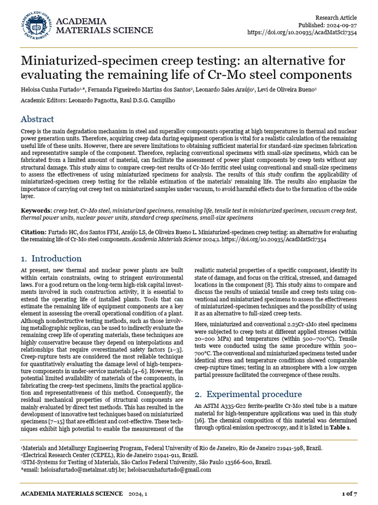 Miniaturized-specimen creep testing | PDF | Creep (Deformation ...
