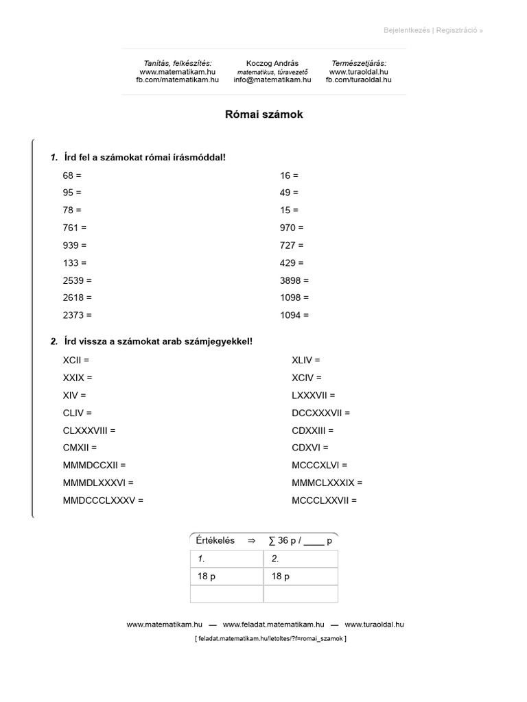 Római Számok - Letölthető, Nyomtatható Feladatok - Matematikam - Hu | PDF