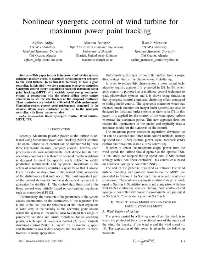 Nonlinear Synergetic Control of Wind Turbine For Maximum Power Point Tracking | PDF | Control ...