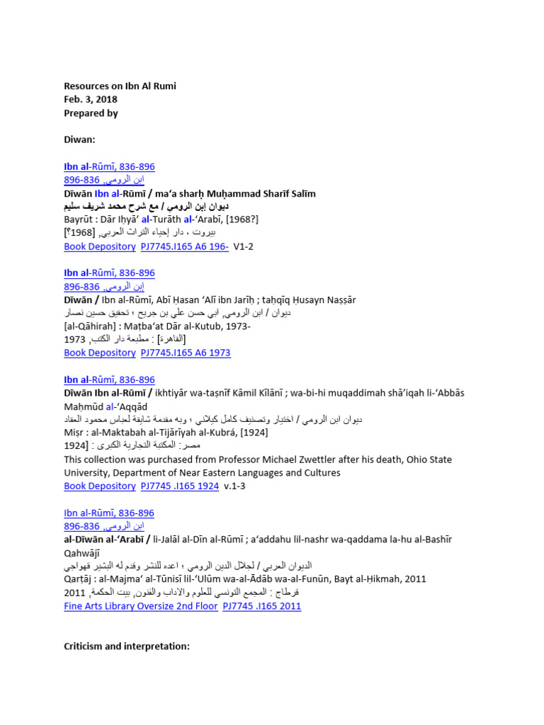 Resources On Ibn Al Rumi | PDF