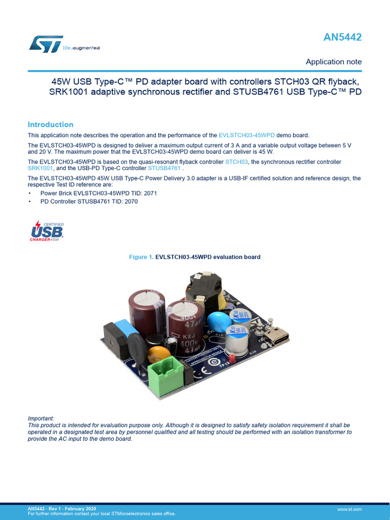 45W USB Type-C™ PD Adapter Board With Controllers STCH03 QR Flyback, SRK1001 Adaptive ...