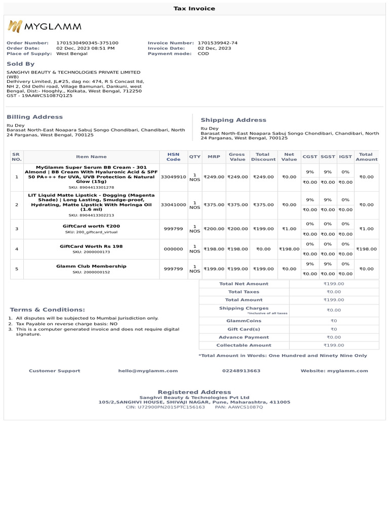 MyGlamm_Invoice_1701539942-74 | PDF | Government Finances | Taxes