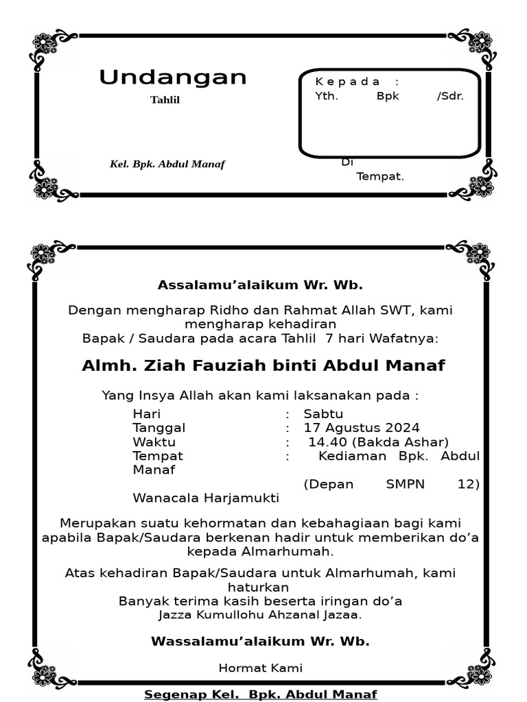 Undangan Tahlil 7 Hari | PDF