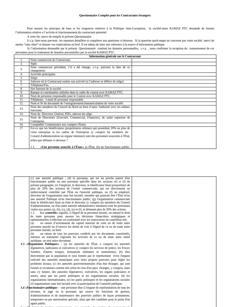 Questionnaire Anti-Corruption pour Contractants | PDF | la corruption ...