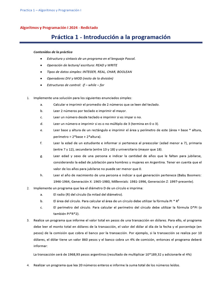 Practica 1 - Algoritmos y Programación I 2024 - Redictado | PDF | Pi | Algoritmos