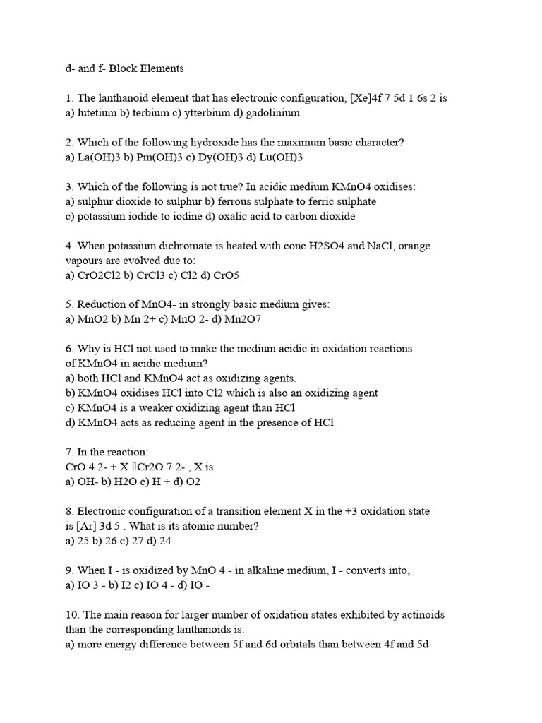 Chem HOTS Questions D&F Block | PDF | Chromium | Chemical Bond