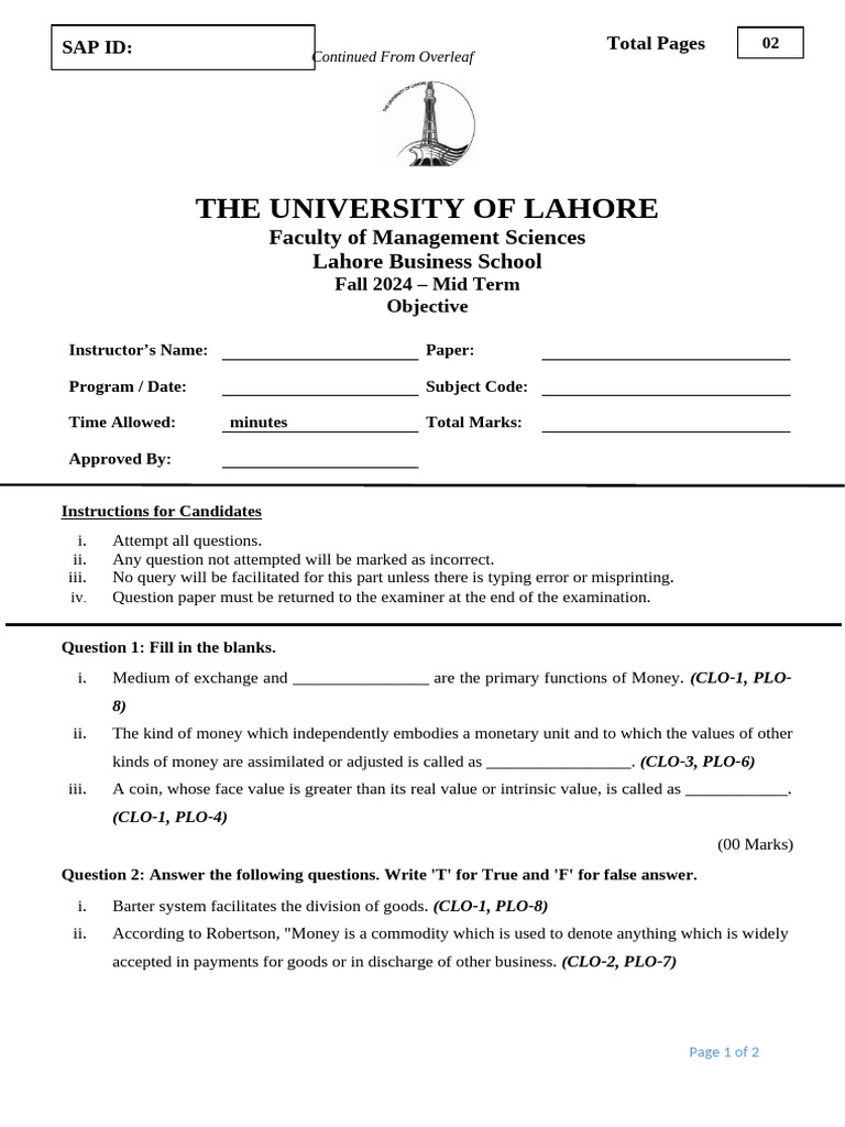 Paper Format Objective Type Fall Mid Term 2024 | PDF