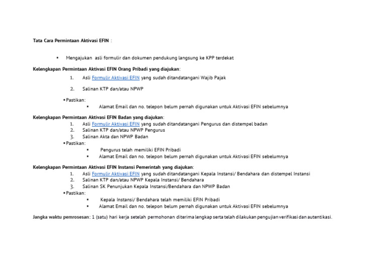 Tata Cara Permintaan Aktivasi EFIN | PDF