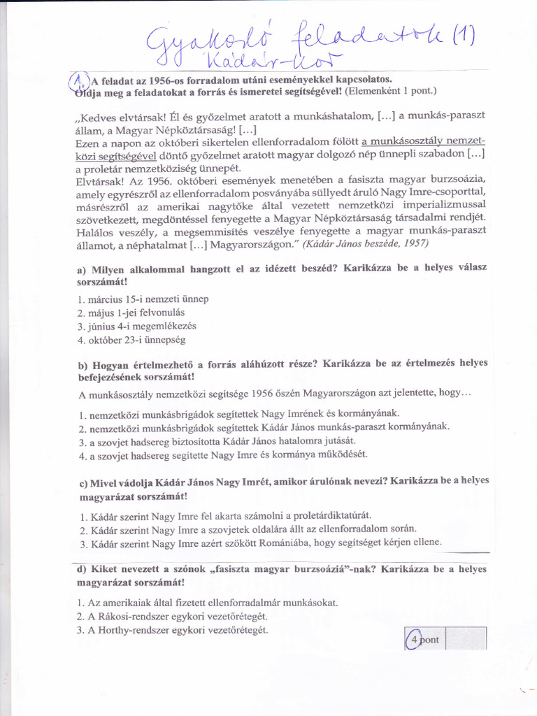 Gyakorló Feladatok (1) Kádár-Korszak | PDF
