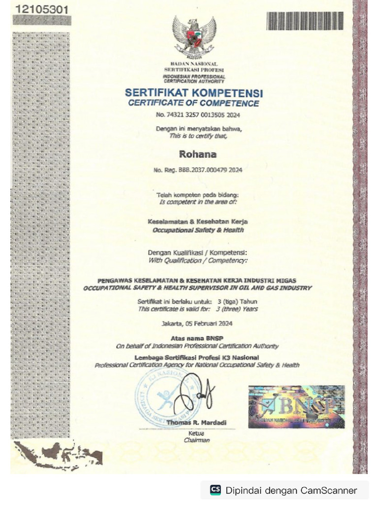 Certificate K3 Migas BNSP_Rohana | PDF