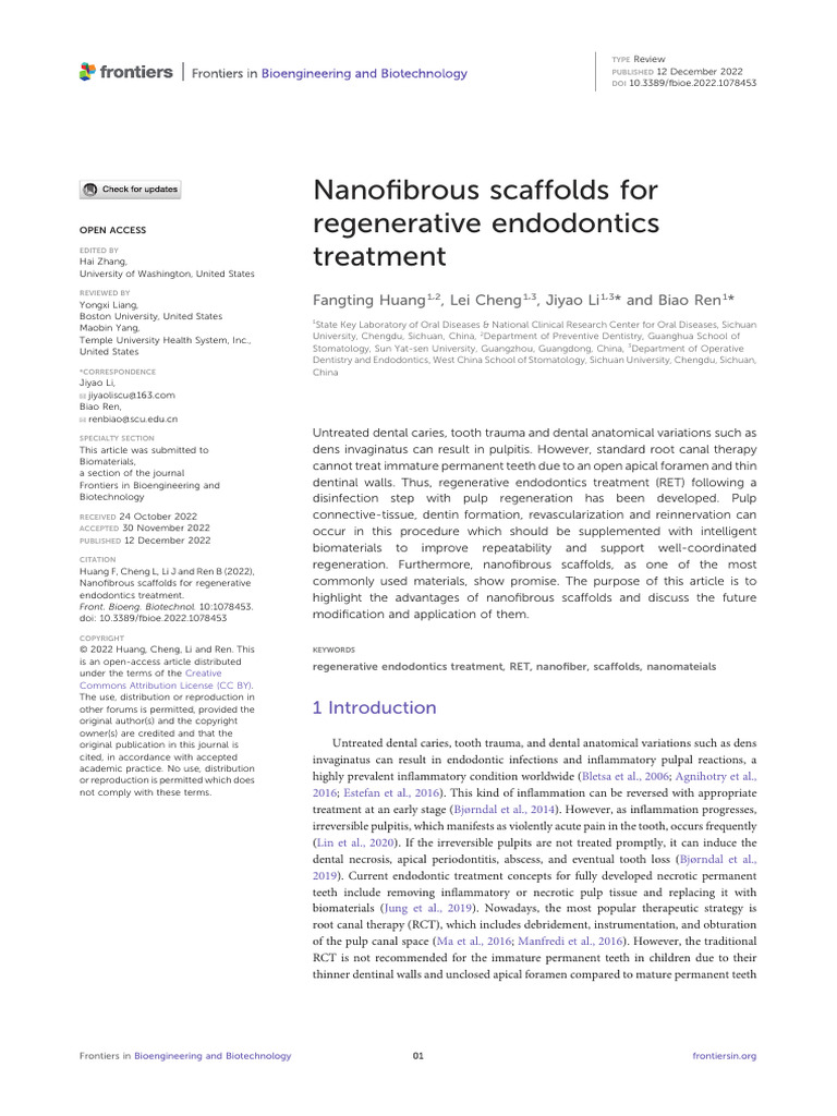 Nanofibrous Scaffolds For Regenerative Endodontics | PDF | Tissue Engineering | Medical Specialties