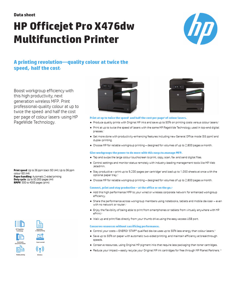 HP Officejet Pro X476dw Datasheet | PDF | Image Scanner | Microsoft Windows
