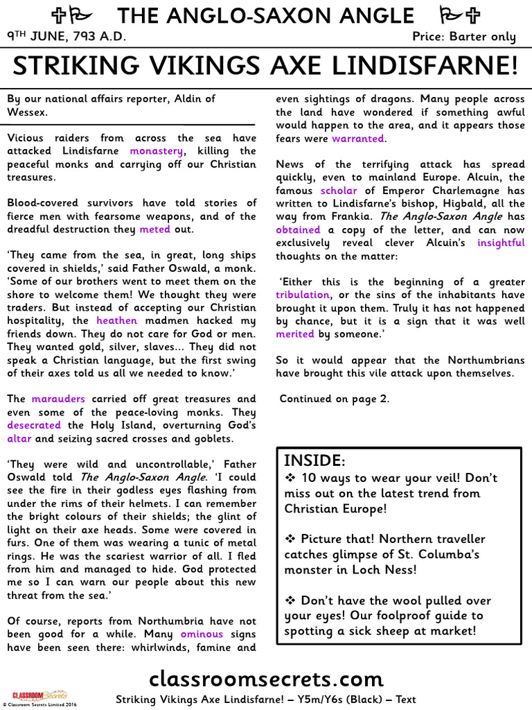 KS2 Striking Vikings Axe Lindisfarne Black Guided Reading Pack | PDF ...