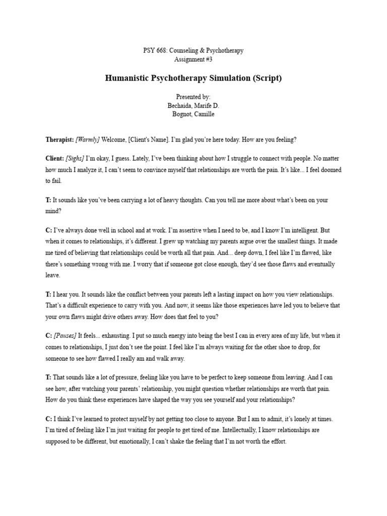 Assign #3 - Humanistic Psychotherapy Simmulation (Script) | PDF ...