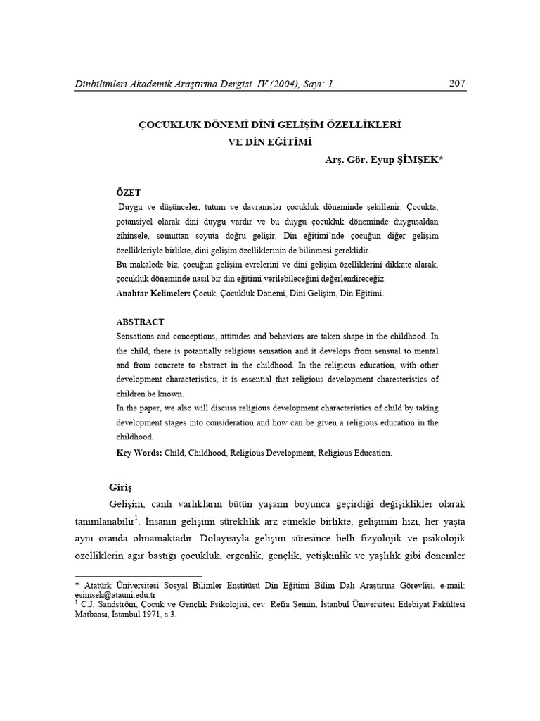 Ocukluk D Nemi Dini Geli Im Zellikleri Ve Din E Itimi (#62206) - 52601 | PDF