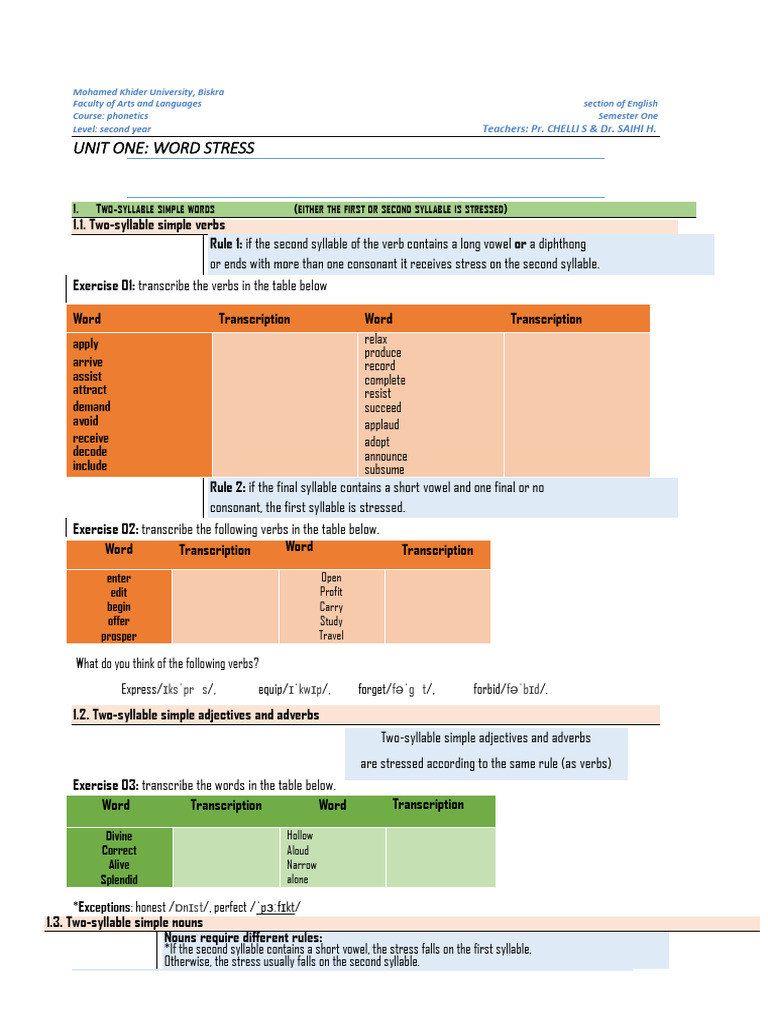 Word Stress Rules and Exercises | PDF | Stress (Linguistics) | Syllable
