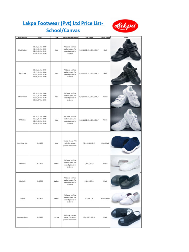 Price List -Shoe&Canvas | PDF | Softlines (Retail) | Footwear