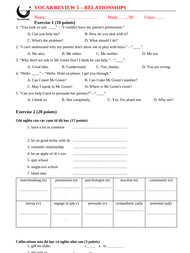 Vocab Review - Relationships 5 | PDF