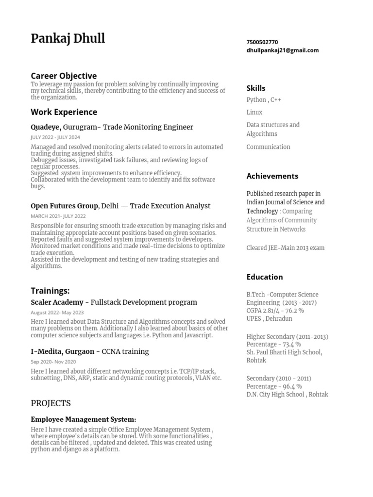 Pankaj_Dhull_Resume 3 | PDF | Computer Engineering | Computer Science