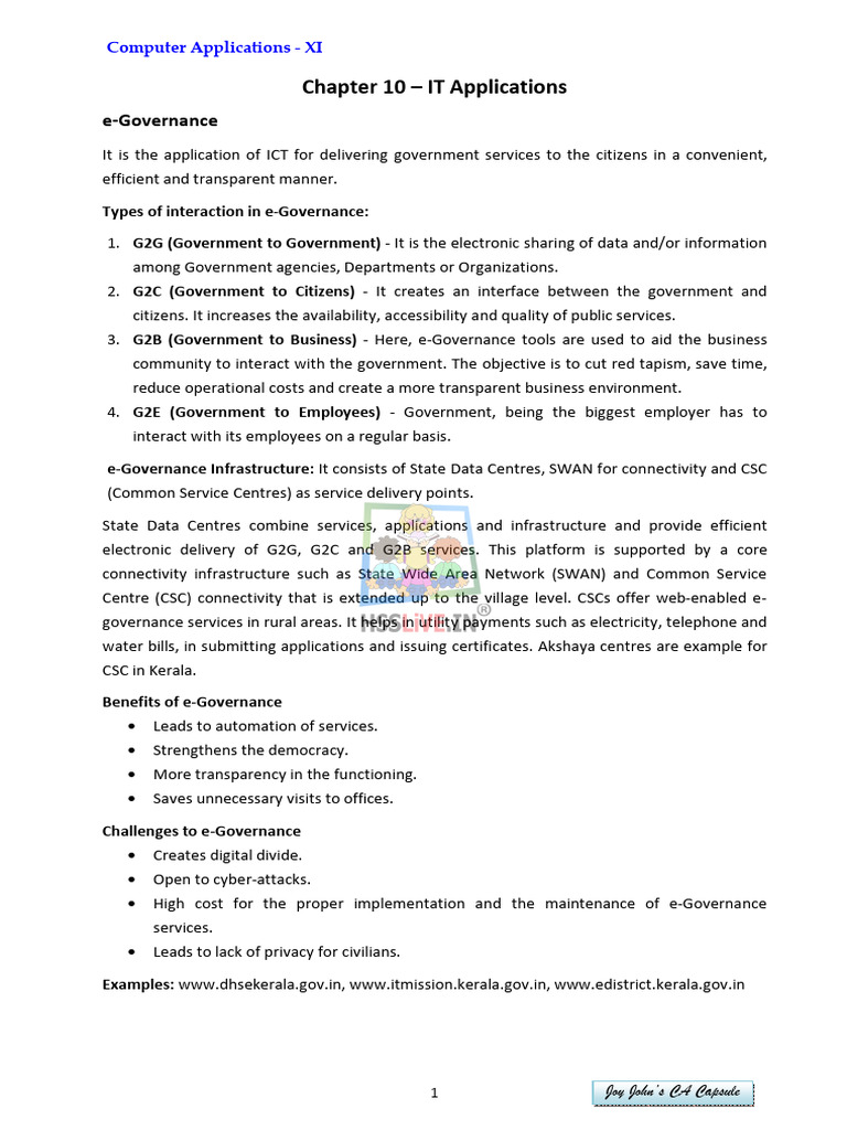 Hsslive Xi Joy Ca1chap10 Notes Pdf Computing 6646