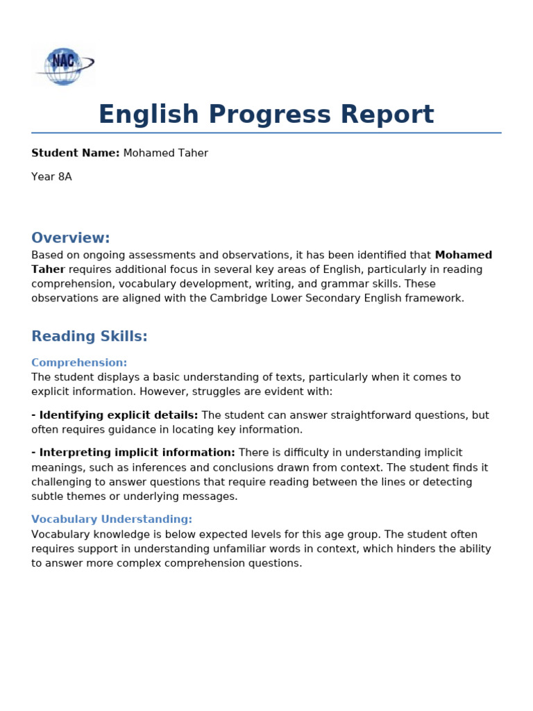 English Progress Report Student | PDF | Reading Comprehension | Vocabulary