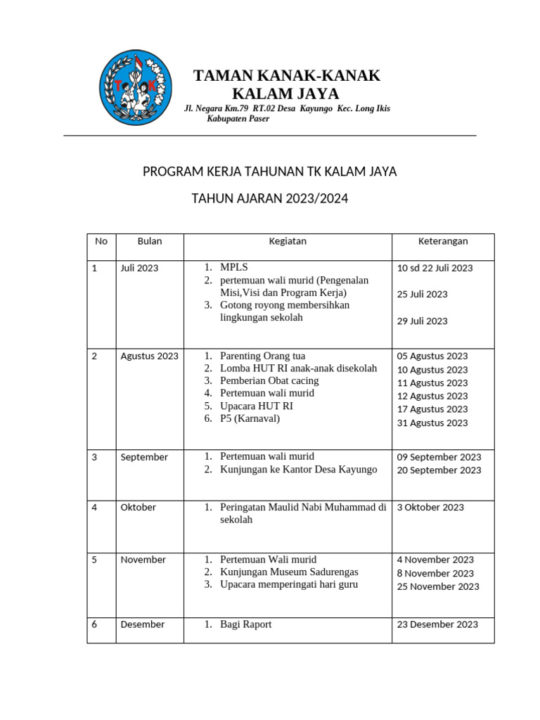 Program Tahunan TK Kalam Jaya | PDF