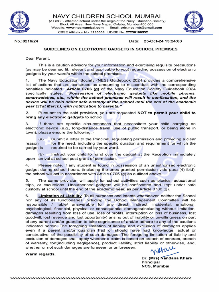 Guidelines on Electronic Gadgets in School Premises | PDF