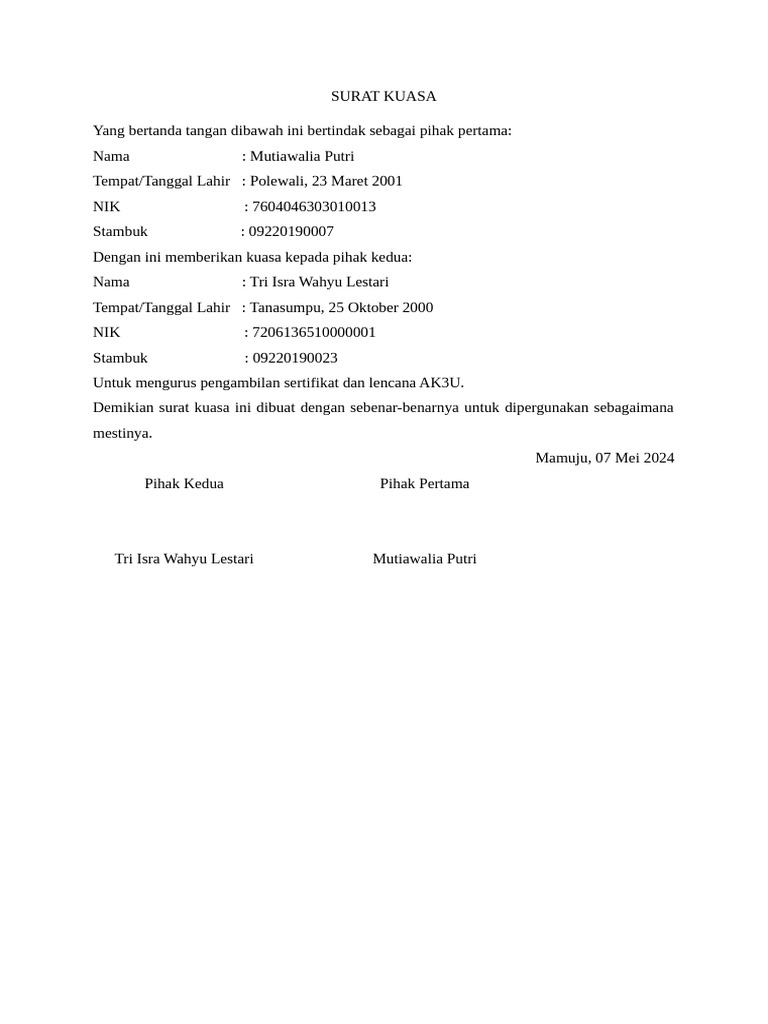 Surat Kuasa Ak3u Muti | PDF