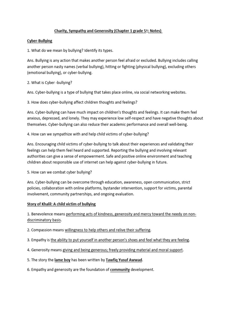 Charity, Sympathy & Generosity 5th (Notes) | PDF | Bullying | Cyberbullying