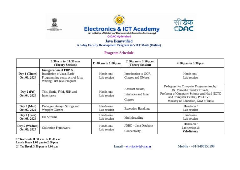 FDP Program Schedule Oct 03 2024 | PDF | Class (Computer Programming) | Java (Programming Language)