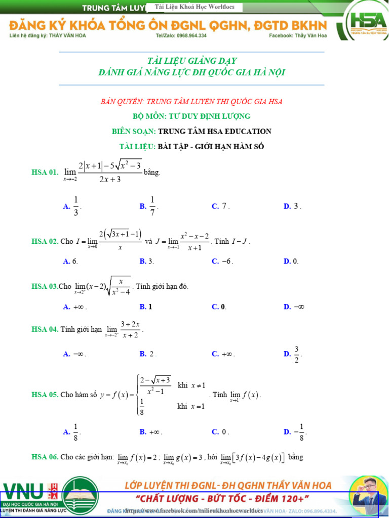 HSA.BUÔI 17 - BT - GIỚI HẠN HÀM SỐ | PDF