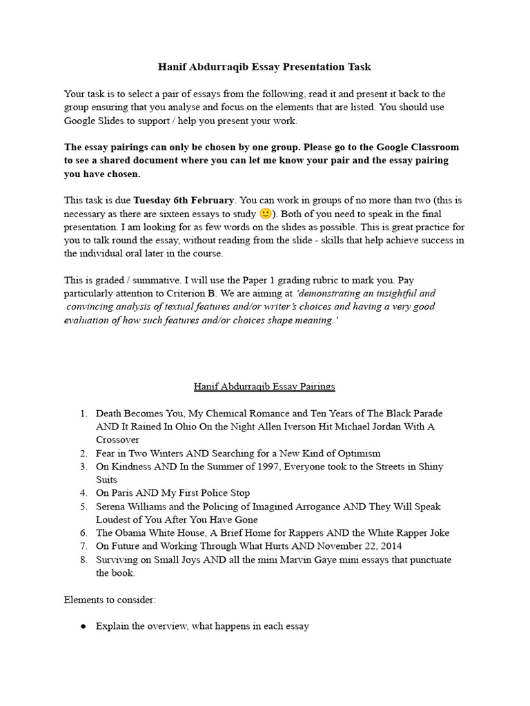 Abdurraqib Essay Pair Presentation Task Feb 2024 | PDF