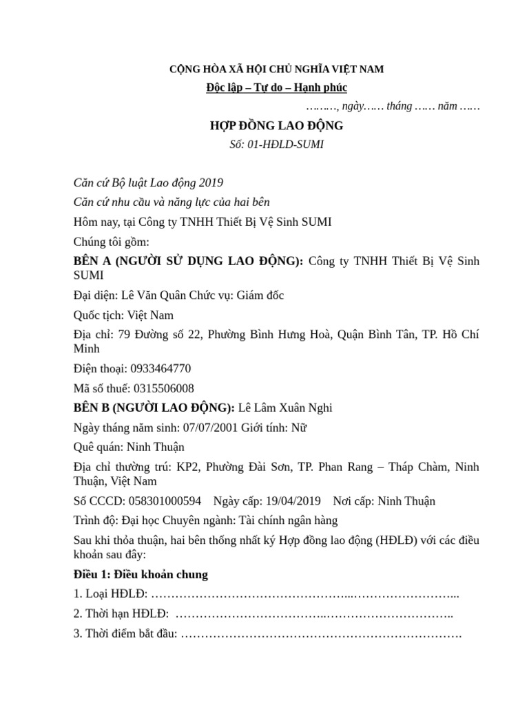 Mau Hop Dong Lao Dong Chung | PDF