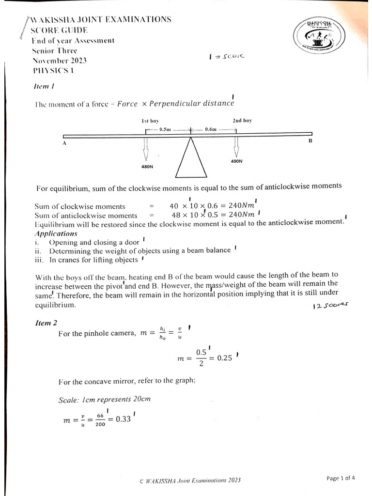 Wakisha Phy p1 Marking Guide s.3 | PDF