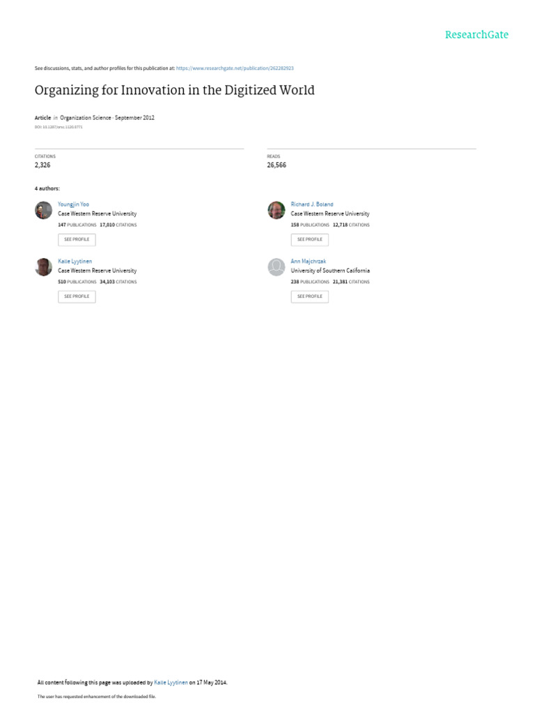 Organizing For Innovation in The Digitized World: Organization Science ...