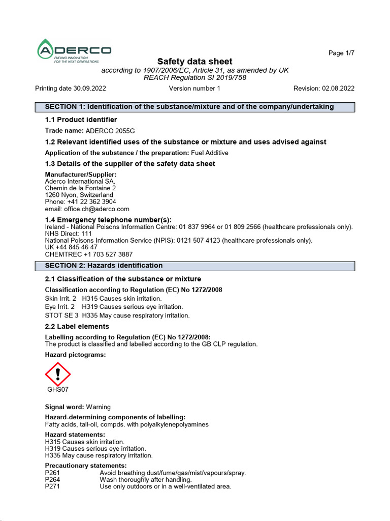 01 - SDS Aderco 2055G - GB - 2022 | PDF | Dangerous Goods | Chemistry