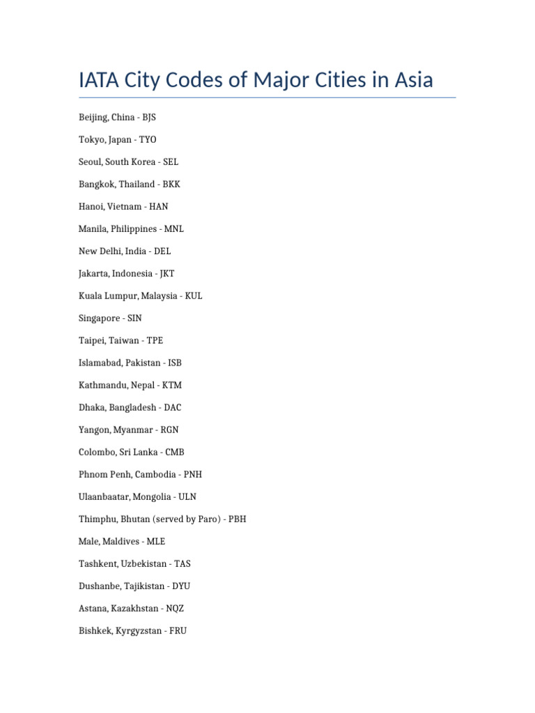 IATA City Codes Asia | PDF