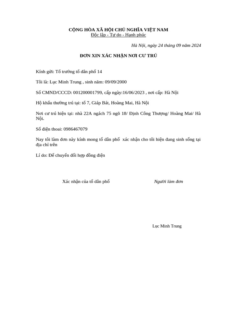 Mau Don Xin Xac Nhan Noi Cu Tru o Dia Phuong | PDF