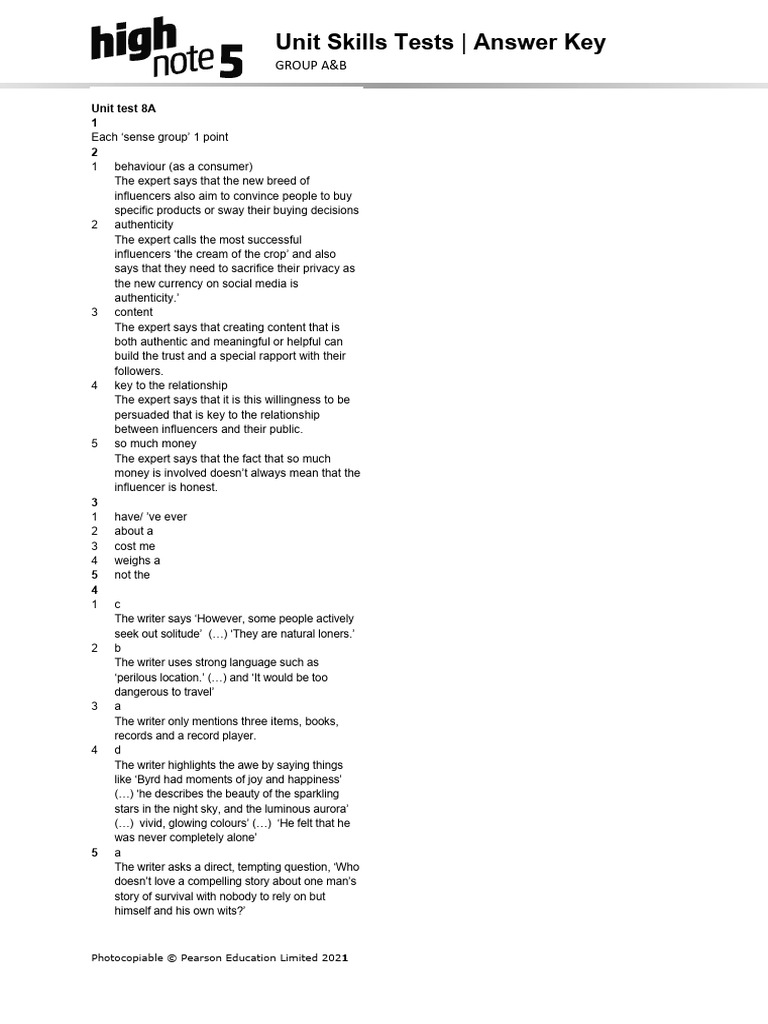 Unit Skills Tests Answer Key for Groups A&B | PDF