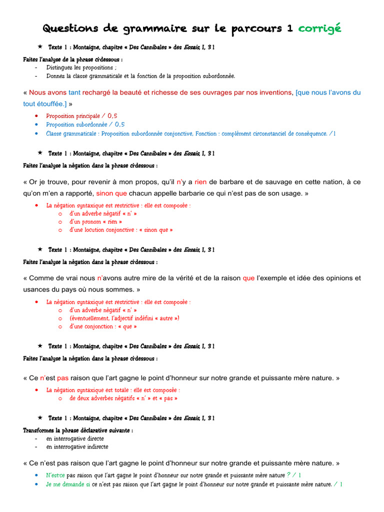 Questions de Grammaire Sur Les Parcours 1 2 3 Et 4 Corrige | PDF ...
