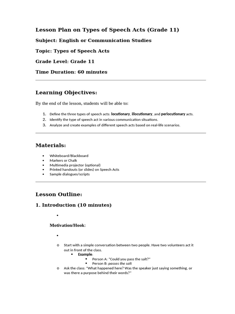 Lesson Plan On Types of Speech Acts | PDF | Public Speaking | Human Communication